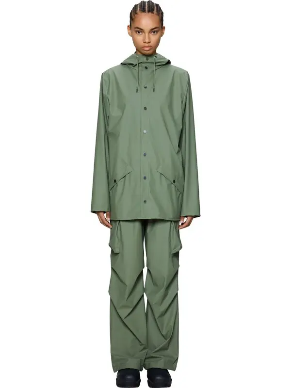Rains Waterproof Pu Jacket With Drawstring Hood And Fishtail Hem - Green
