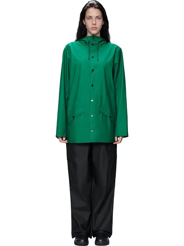 Rains Waterproof Pu Jacket With Drawstring Hood And Fishtail Hem - Green