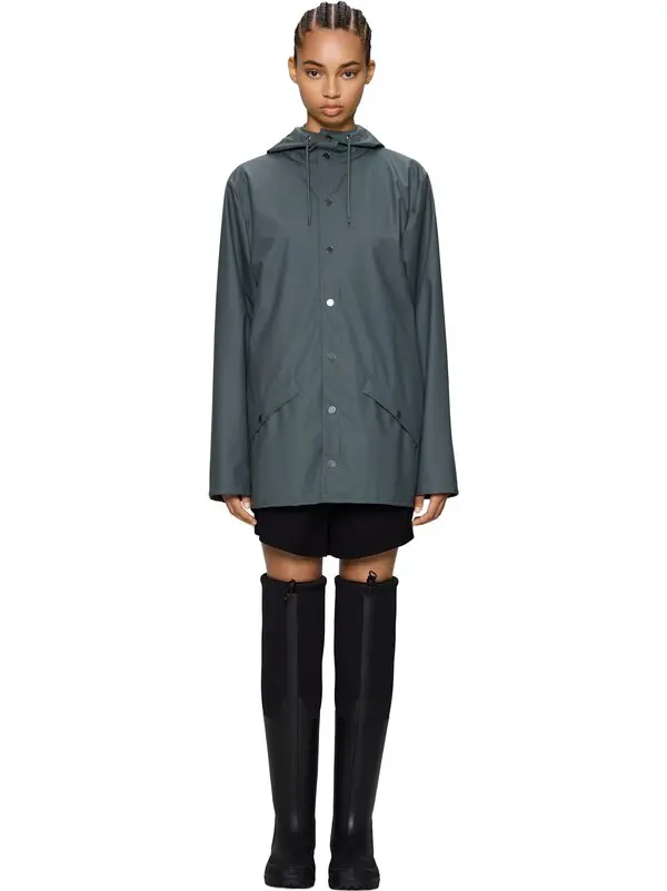 Rains Waterproof Pu Jacket With Drawstring Hood And Fishtail Hem - Grey
