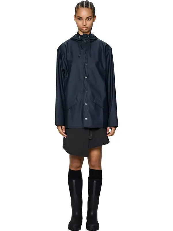 Rains Waterproof Pu Jacket With Drawstring Hood And Fishtail Hem - Navy