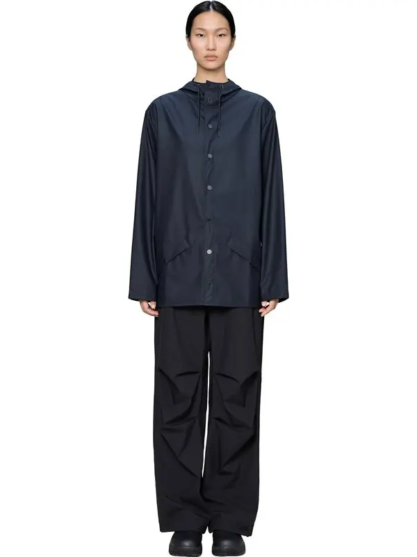 Rains Waterproof Pu Jacket With Drawstring Hood And Fishtail Hem - Navy