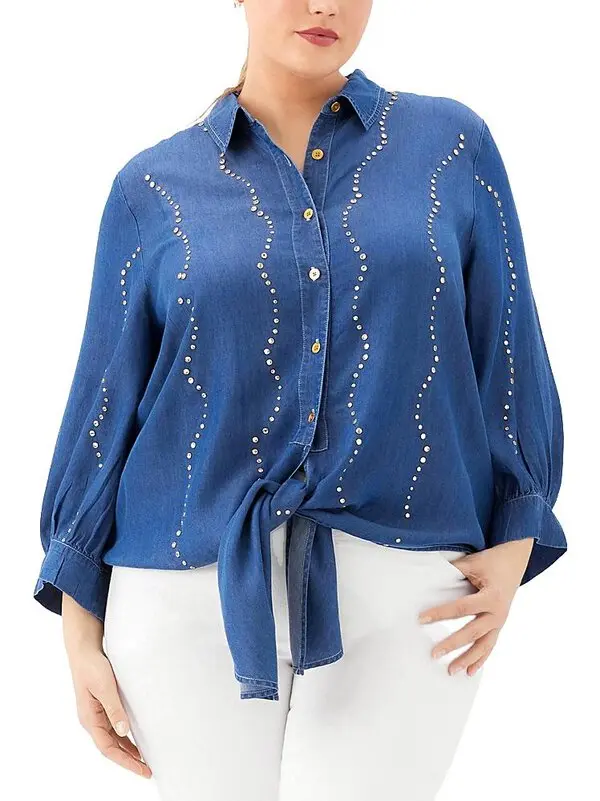Karen Kane Blouson Sleeve Embellished Denim Shirt - Chambray