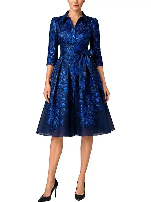 Rickie Freeman For Teri Jon Metallic Organza Jacquard Shirt Dress - Royal Multi