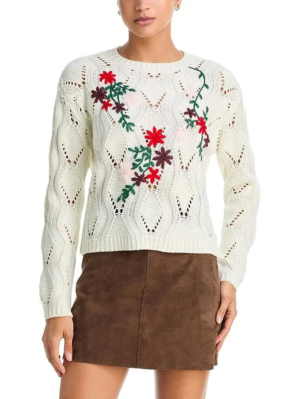 Aqua Embroidered Cable Knit Crewneck Sweater - White/multi