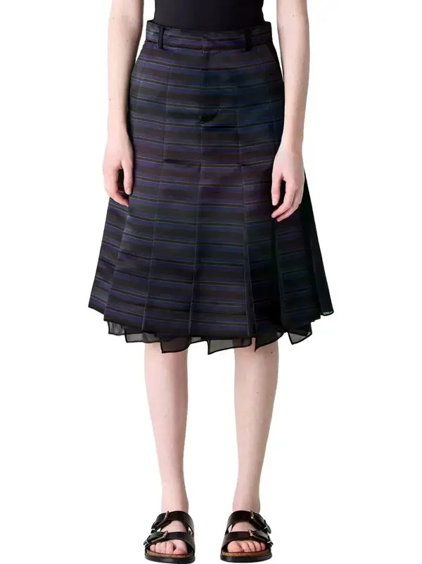 Sacai Striped Pleated Midi Skirt - Black