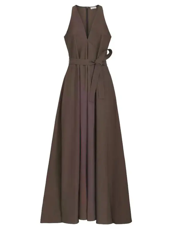 Brunello Cucinelli Techno Cotton Poplin Belted Maxi Dress - Brown