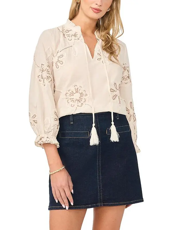 Vince Camuto Embroidered Split Neck Blouse - New Ivory