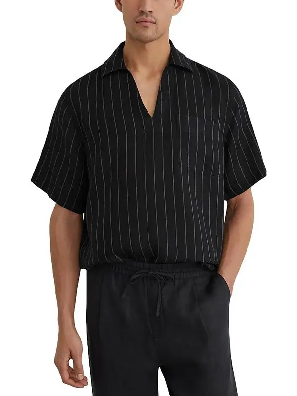 REISS Quest Linen Pinstripe Shirt - Black
