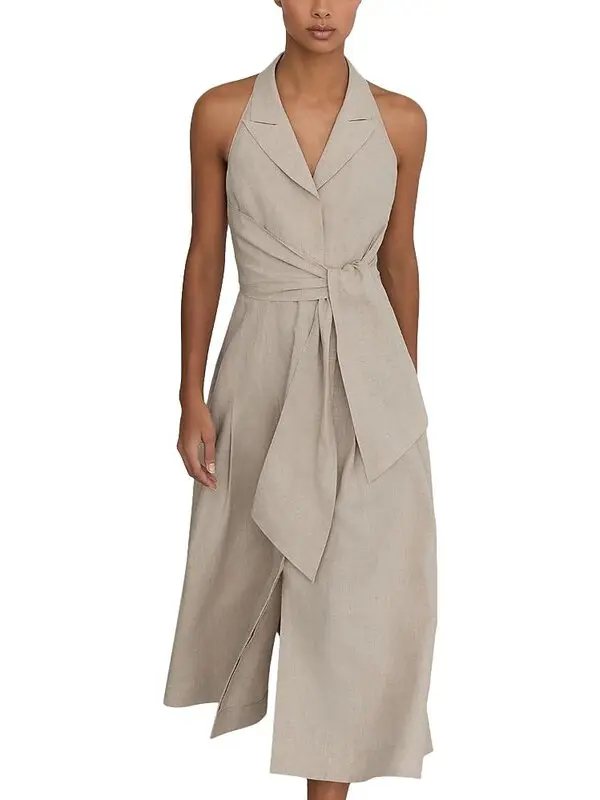 REISS Tara Linen Midi Dress - Neutral
