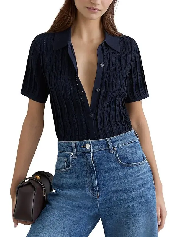 REISS Audrey Textured Knit Shirt - Navy