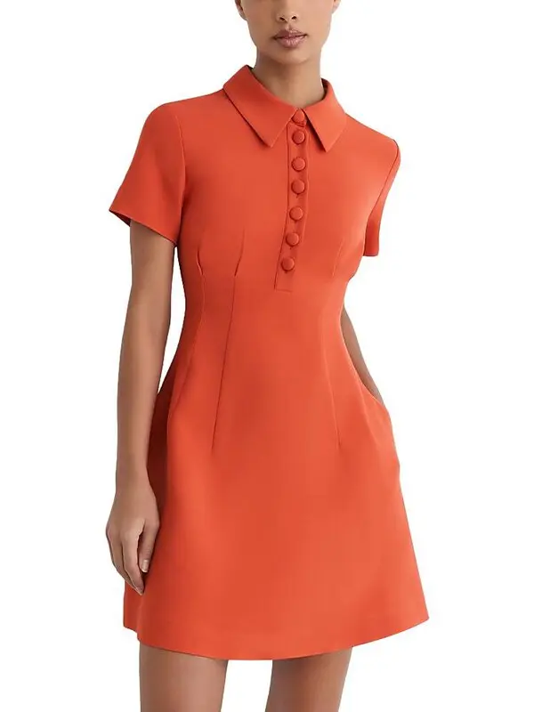 REISS Marlie Collared Button-detailed Mini Dress - Coral Orange
