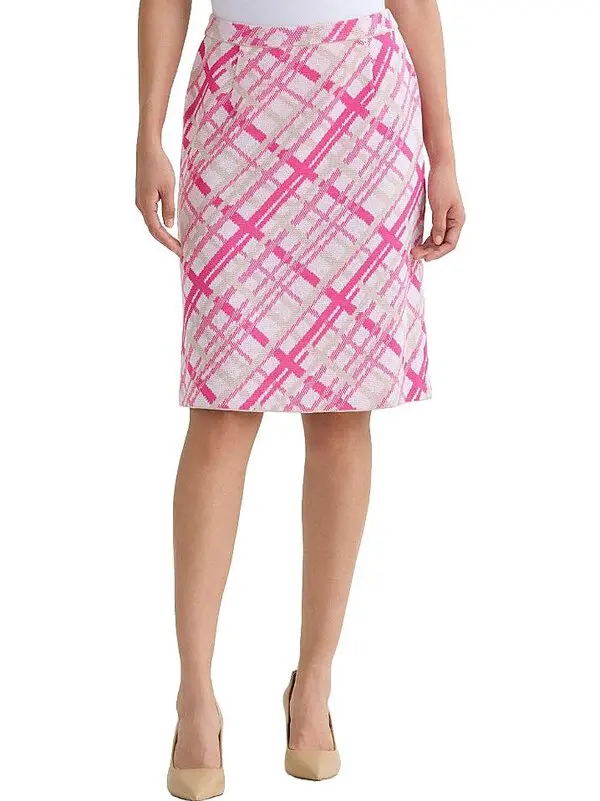 Ming Wang Plaid Knit Straight Skirt - Rose/pink/limestone/white