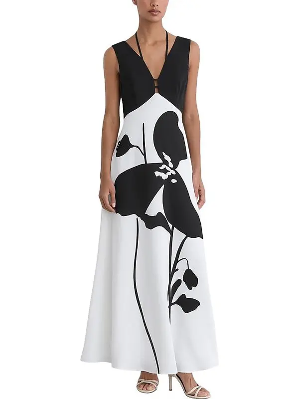 REISS Cecile Maxi Dress With V-neck And Floral Print - Ivory/black
