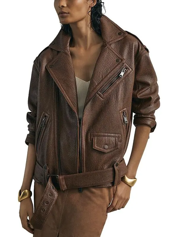 REISS Andes Oversized Leather Jacket - Chestnut Brown
