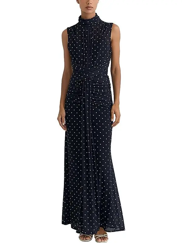 REISS Stacey Sleeveless High Neck Polka Dot Maxi Dress - Navy/ivory