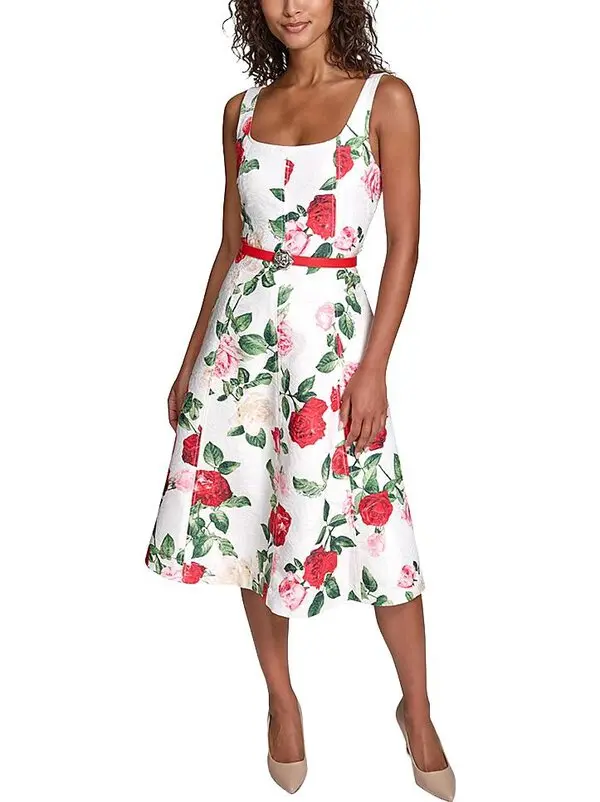 Karl Lagerfeld Paris Brocade Floral Midi Dress - Soft White Multi