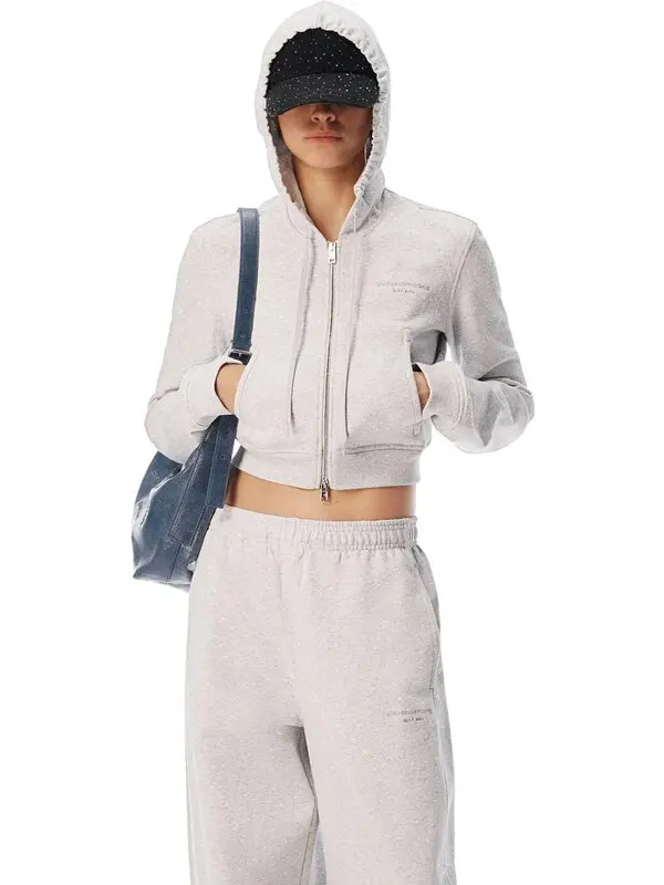Alexander Wang Crystal Embellished Fitted Long Sleeve Zip Up Hoodie - Light Heather Grey