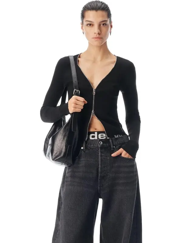 Alexander Wang V-neck Long Sleeve Pointelle Zip Cardigan - Black