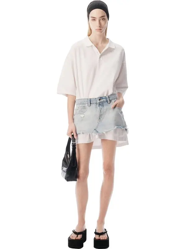 Alexander Wang Layered Polo Mini Dress With Reconstructed Denim Skirt - White/light Bleach