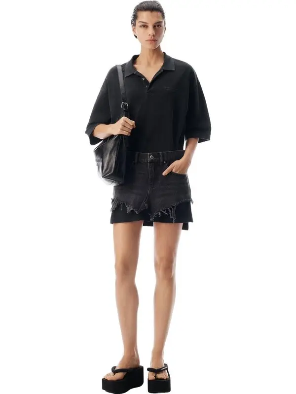 Alexander Wang Layered Polo Mini Dress With Reconstructed Denim Skirt - Grey Aged/washed Black