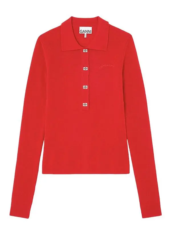 GANNI Merino Wool Polo Shirt - Goji Berry