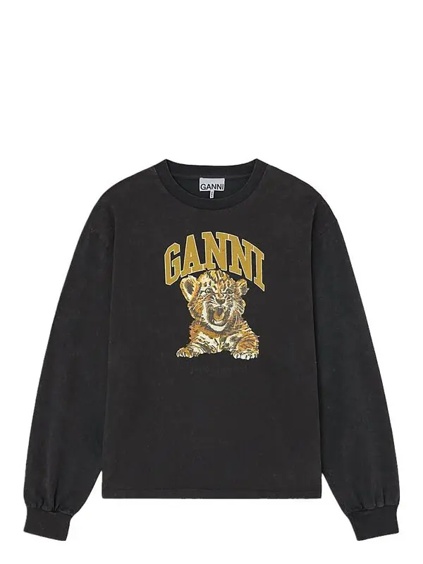 GANNI Long Sleeve Tiger Print Cotton Tee - Phantom