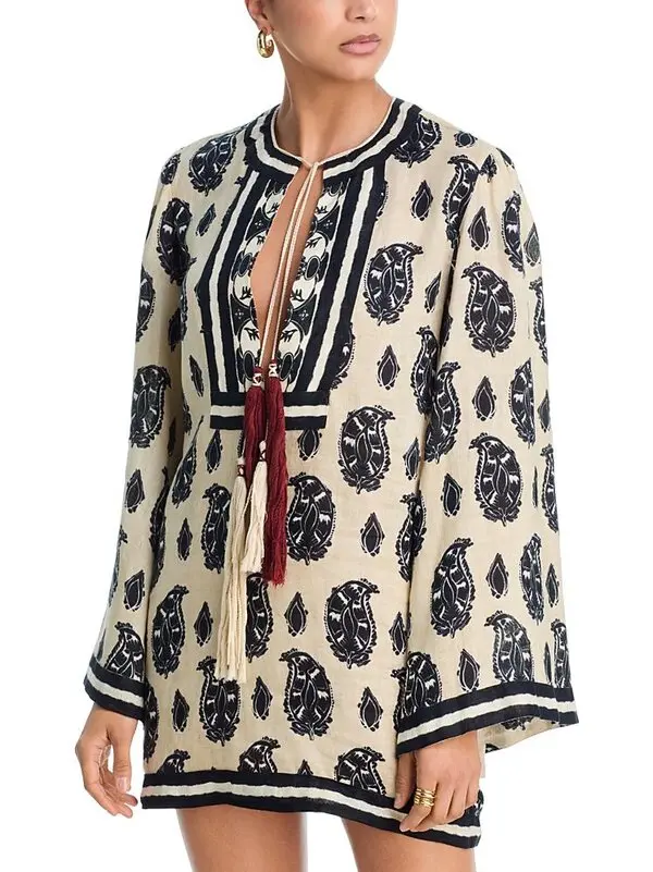 Johanna Ortiz Linen Tunic Dress With Paisley Print - Ecru Black