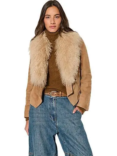 Overland Celestine Suede Leather Jacket With Removable Fur Collar - Oak