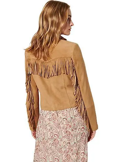 Overland Cadie Suede Leather Jacket With Fringe Detail - Sand