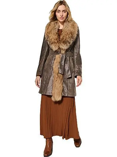 Overland Felicity Lambskin Leather Coat With Asiatic Raccoon Fur Trim - Rust/natural