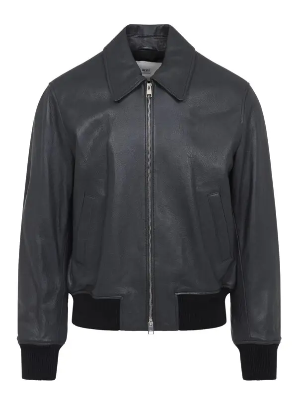 Ami Leather Zip-front Jacket - Anthracite Color