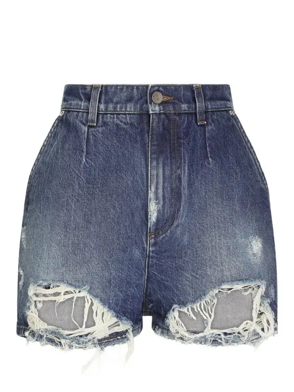 Dolce & Gabbana High Waisted Denim Shorts With Rips - Blue
