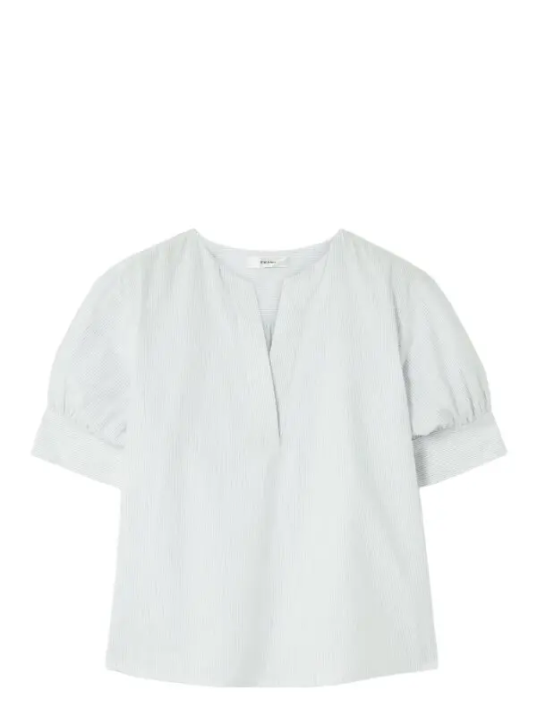 FRAME Striped V-neck Shirt With Pleated Cuffs - White