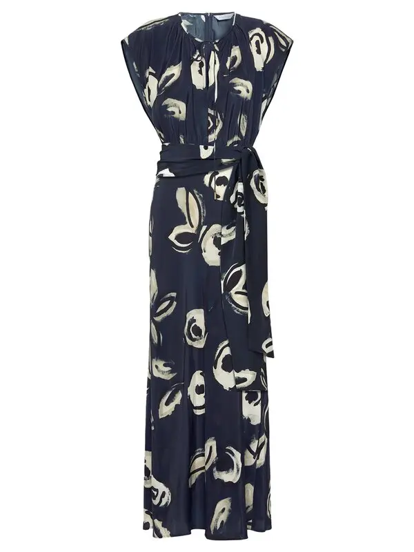 Max Mara Printed Silk Maxi Dress - Navy