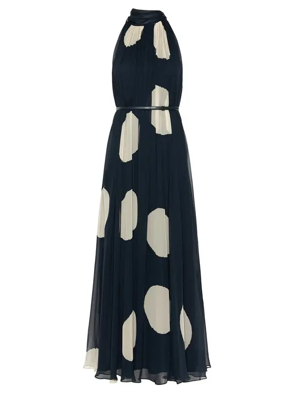 Max Mara Polka Dot Silk Georgette Belted Maxi Dress - Navy