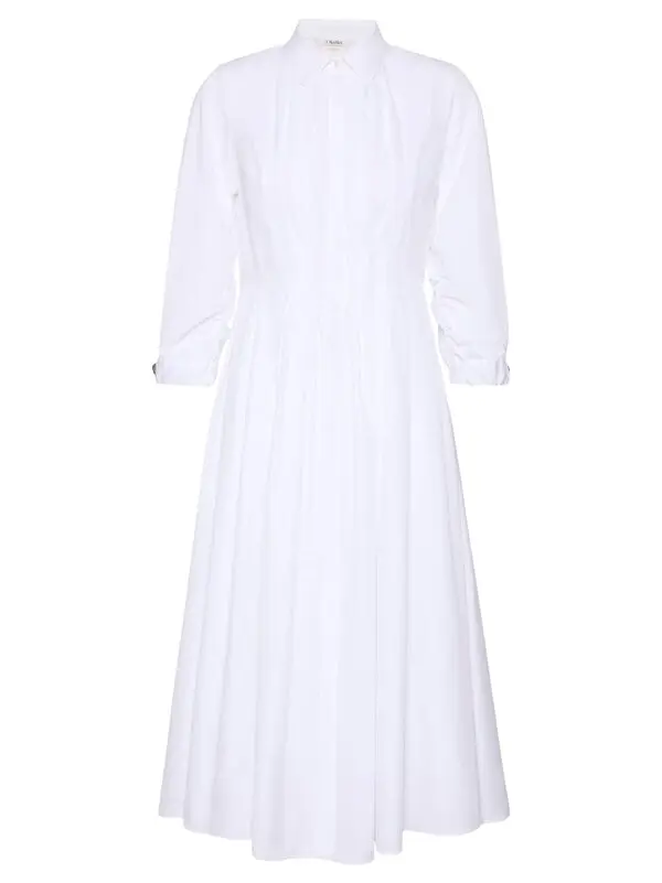 Max Mara Cotton Poplin Shirt Dress With Pleated Bodice And Jewel Button Cuffs - White