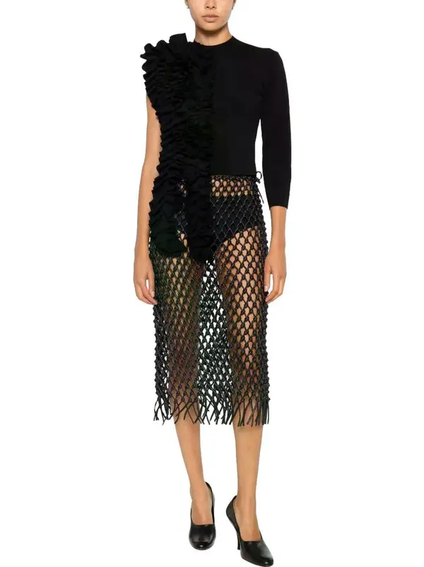 A.W.A.K.E. Mode Asymmetric Ruffled Knit Top - Black