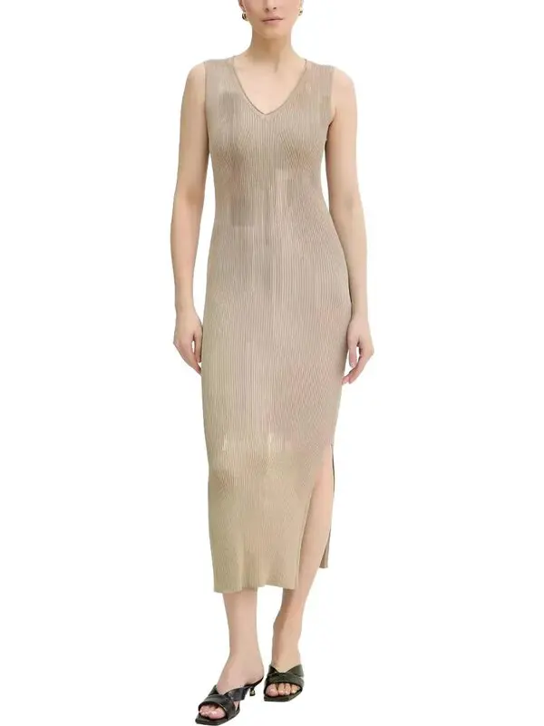 Armani Exchange Ribbed Knit V-neck Midi Dress - Neutrals
