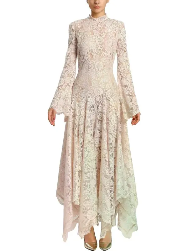 MIAU BY CLARA ROTESCU Capri Lace Flared-sleeve Asymmetric Dress - Neutrals