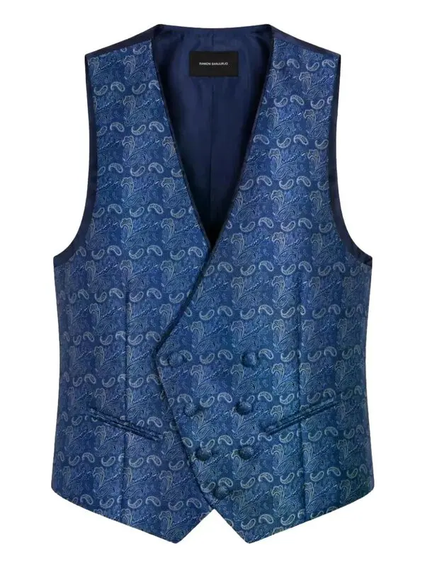 RAMON SANJURJO Paisley Jacquard Double-breasted Waistcoat - Blue