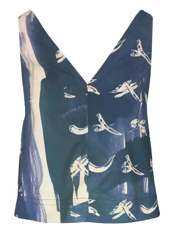 ODEEH Sleeveless V-neck Cotton Blouse - Blue