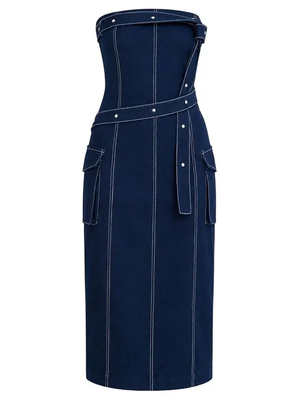 LUROQ LONDON Strapless Belted Midi Dress In Indigo Denim - Blue
