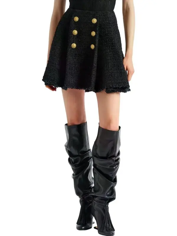 Balmain Flared Tweed Skirt With Lion Head Buttons - Black