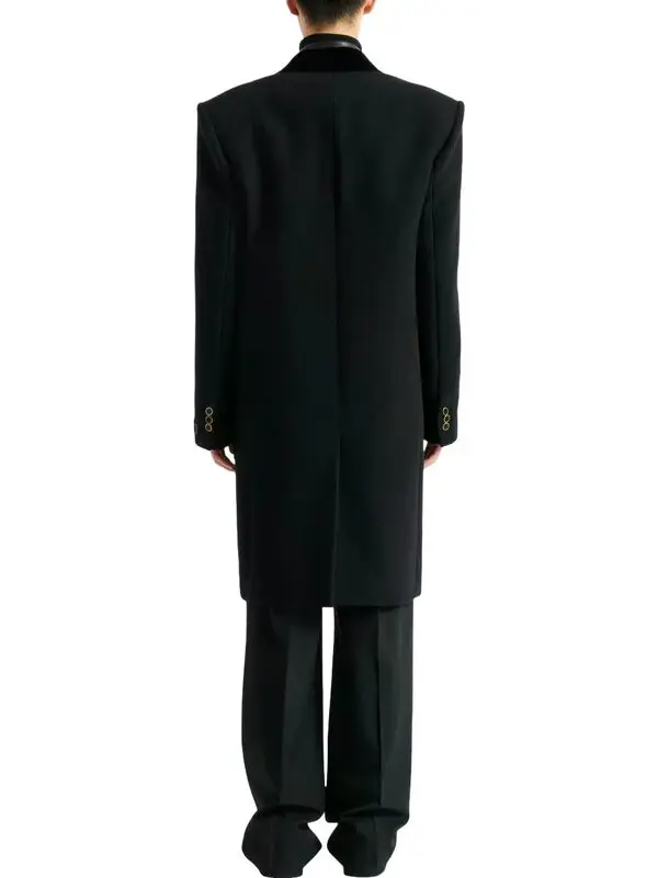 Balmain Long Wool And Velvet Coat - Black