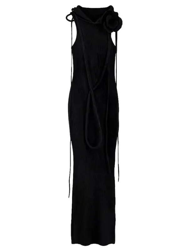 Off-White Ribbed Cut-out Floral Appliqué Dress - Black