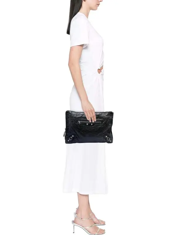 Balenciaga Lambskin Leather Studded Zip Around Clutch - Black