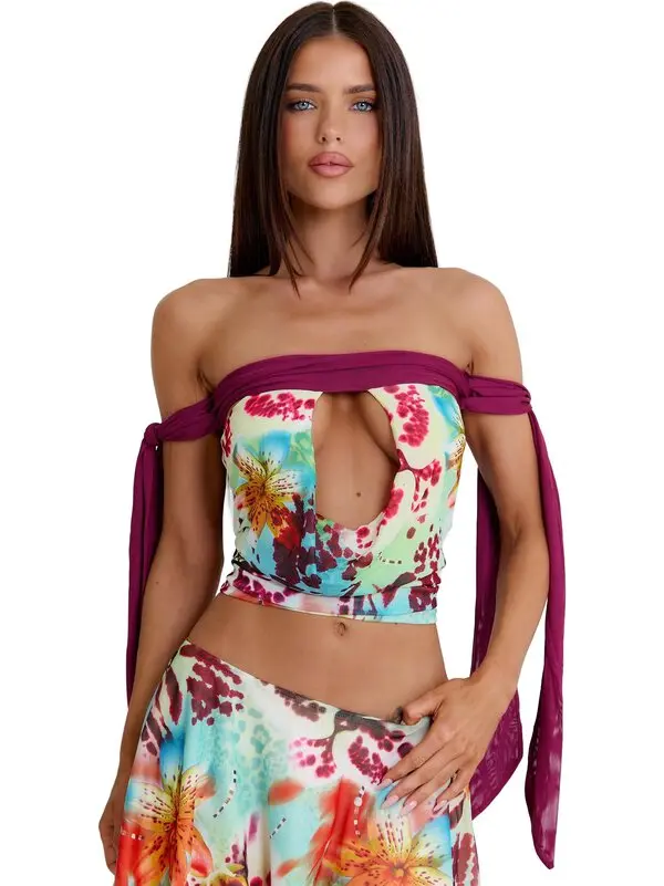 OUTCAST Azaria Off The Shoulder Cowl Crop Top - Print