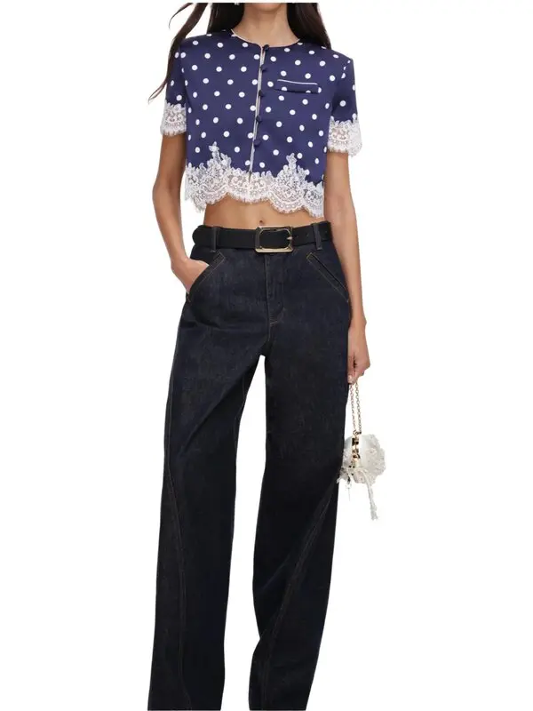 SELF-PORTRAIT Navy Polka Dot Satin Top - Black
