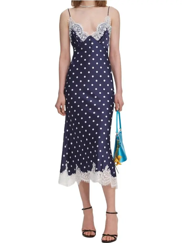 SELF-PORTRAIT Navy Satin Polka Dot Midi Dress - Navy Blue