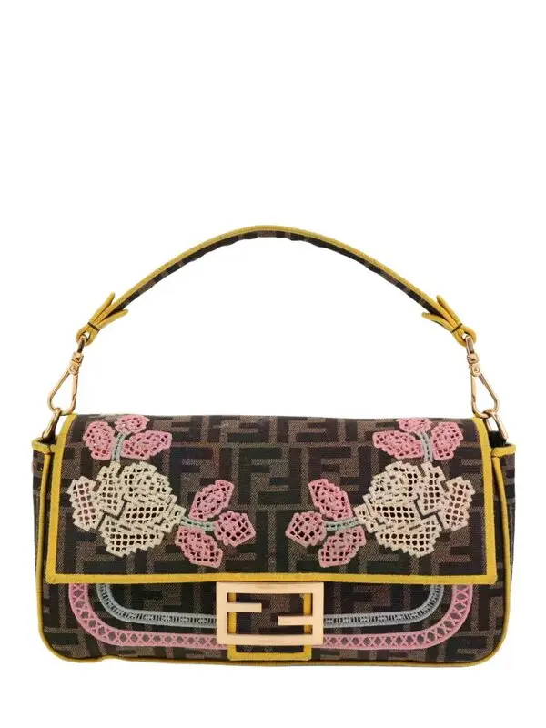 Fendi Floral-embroidered Baguette Handbag - Brown